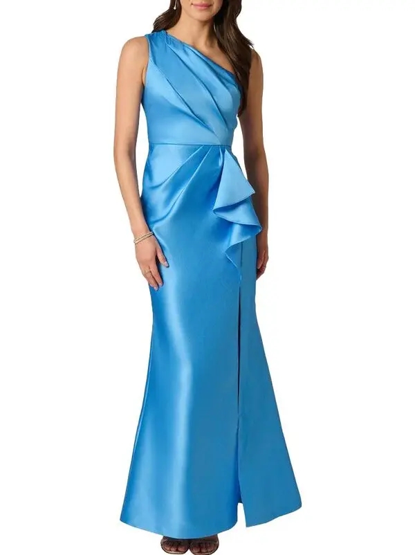 Adrianna Papell One-shoulder Mikado Gown With Ruffled Slit - Cool Cloud