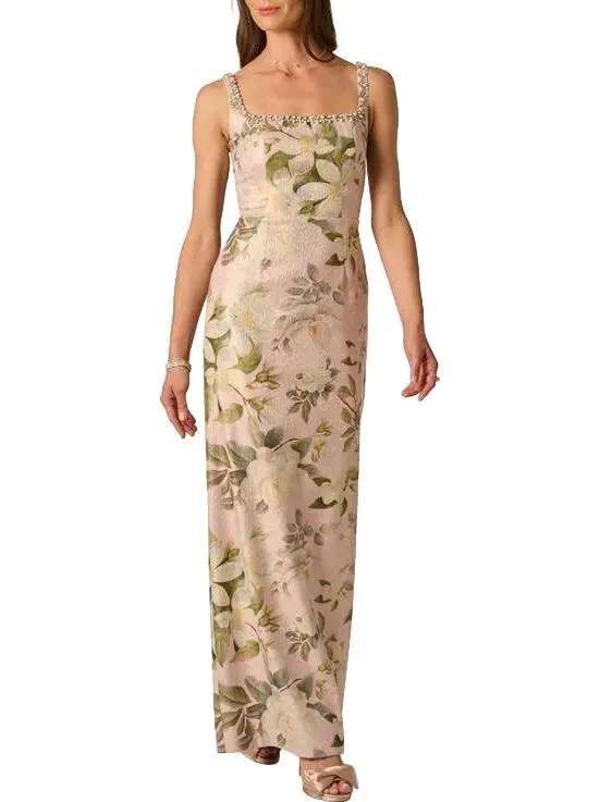 Adrianna Papell Beaded Jacquard Column Gown - Blush Multi