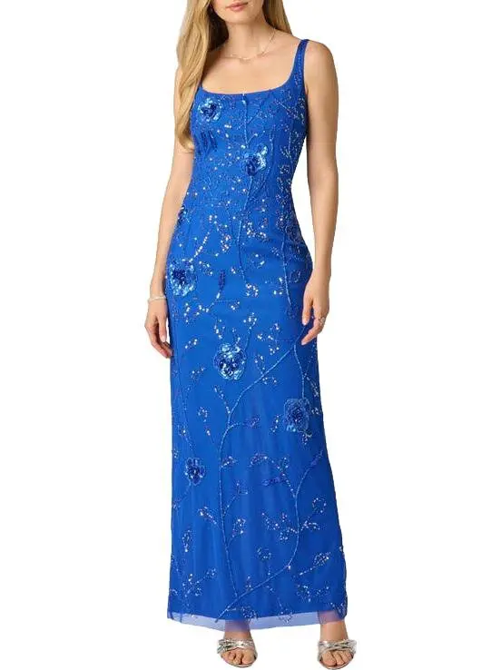 Adrianna Papell Embellished Mesh Column Gown - Brilliant Sapphire