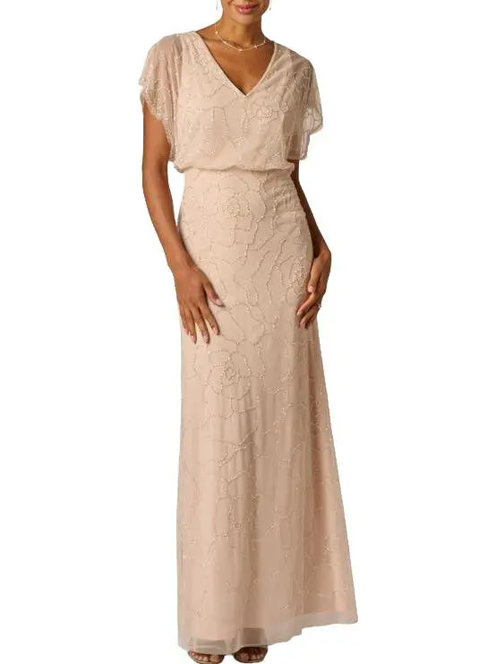 Adrianna Papell Beaded Mesh Blouson Gown - Shell