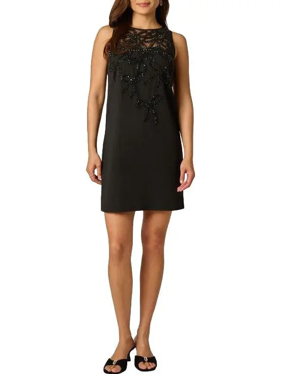 Adrianna Papell Beaded Bow Crepe Shift Dress - Black