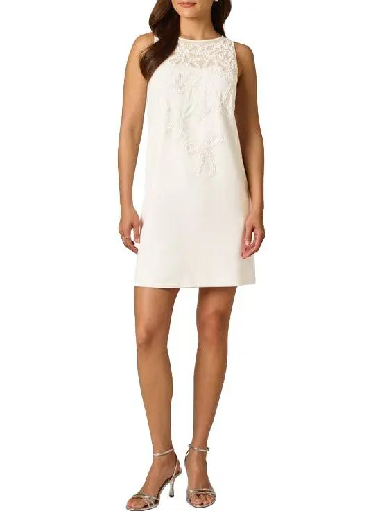Adrianna Papell Beaded Bow Crepe Shift Dress - Ivory