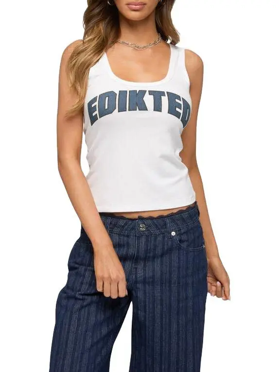 EDIKTED Girly Rib" Tank Top With Logo Detail - White
