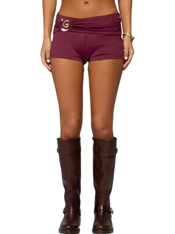 EDIKTED Rusana Swirl Ruched Micro Shorts - Burgundy