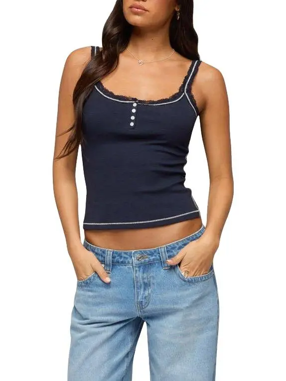 EDIKTED Contrast Stitch Lace Henley Tank - Navy