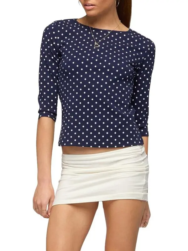 EDIKTED Lela Polka Dot 3/4 Sleeve Top - Navy-and-cream