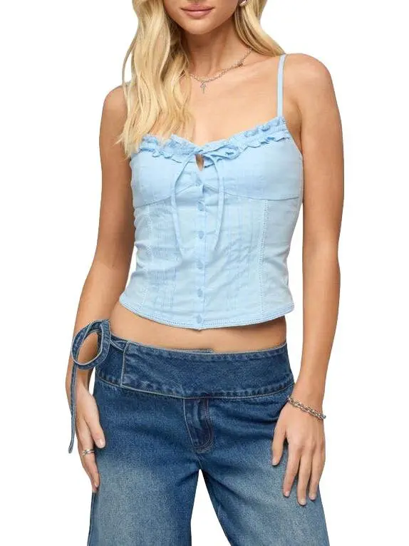 EDIKTED Ruffle Button-up Camisole With Pintuck And Eyelet Details - Light-blue