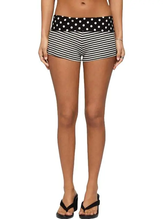 EDIKTED Presley Stripe & Polka Dot Foldover Shorts - Black-and-white