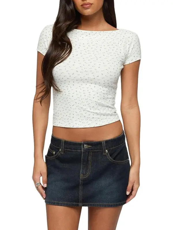 EDIKTED Raglan Floral Boat Neck Top - White
