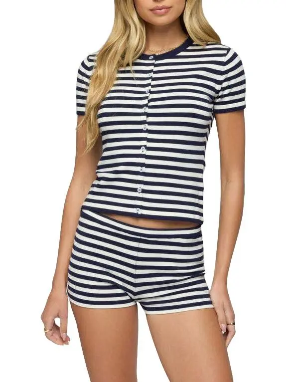 EDIKTED Irena Stripe Knit Button-up Top - Navy-and-cream