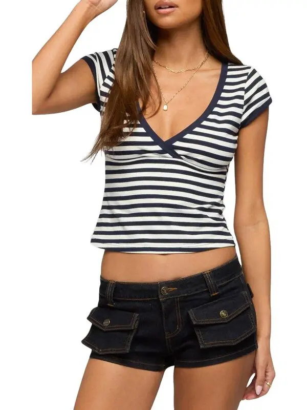 EDIKTED Laia Stripe V-neck T-shirt - Navy-and-white