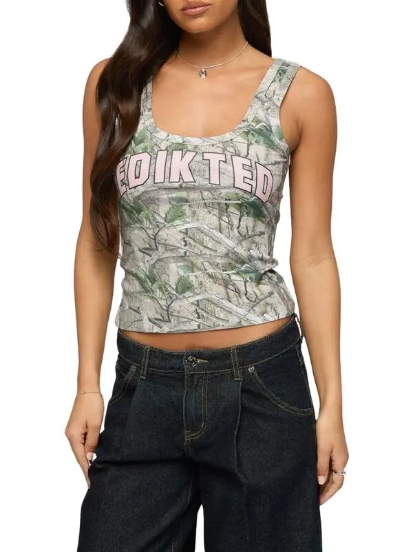 EDIKTED Ribbed Camouflage Print Cropped Tank Top - Olive
