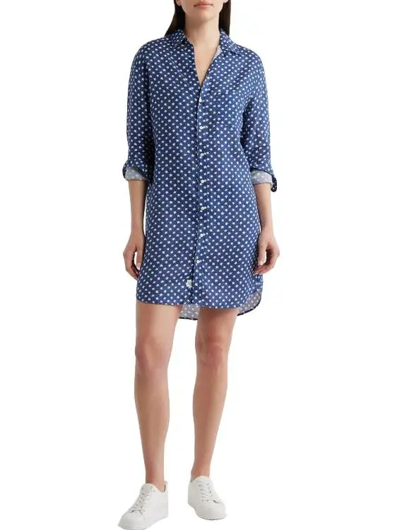 Frank & Eileen Classic Linen Shirtdress With Star Print - Navy White Stars