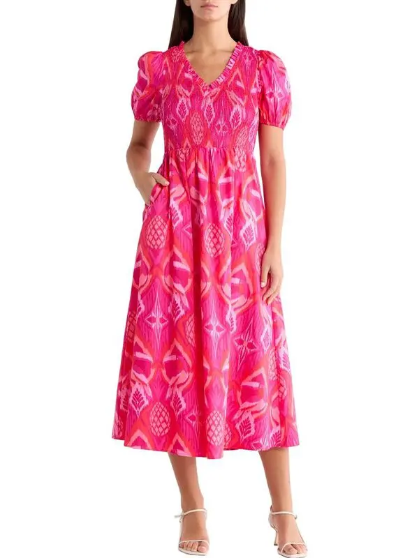 SUGARLIPS Prissa Ikat Smocked Midi Dress - Magenta-coral