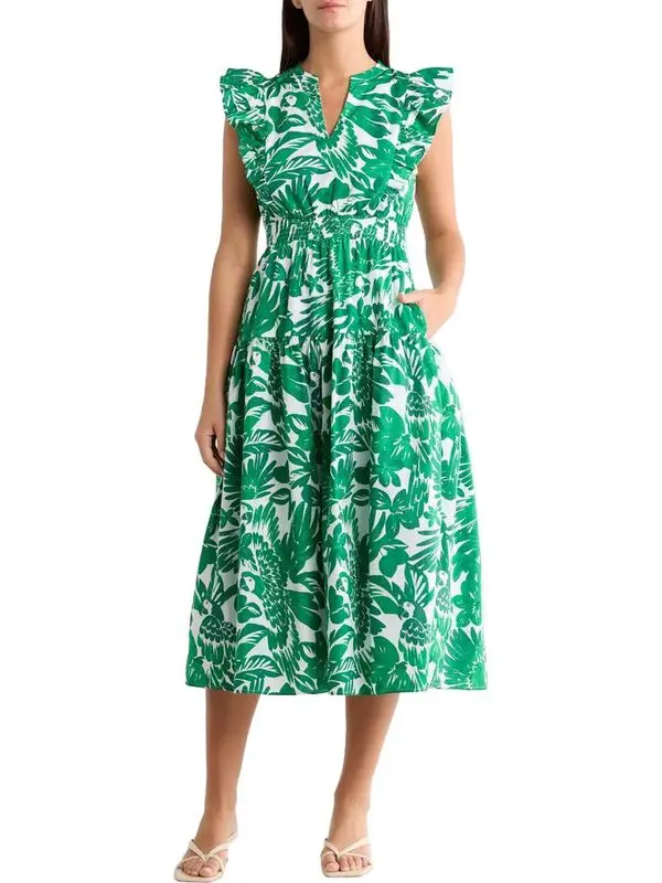 SUGARLIPS Tropical Virna Ruffle Midi Sundress - White-greens
