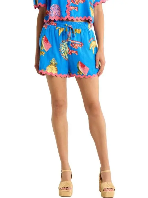 SUGARLIPS Halle Drawstring Tropical Print Shorts - Cobalt-combo