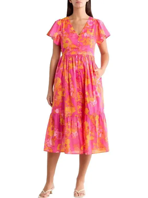SUGARLIPS Elaris Floral Cotton Button-up Midi Dress - Fuchsia-orange-mul