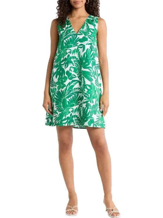 SUGARLIPS Tropical Print V-neck Sleeveless Cotton Shift Dress - White-greens