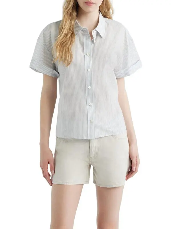 FRAME Short Sleeve Cotton & Silk Striped Shirt - Ocean Blue Multi