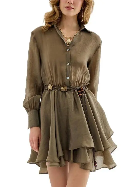 MONLICIA Alora Tencel™ Button-front Pleated Mini Shirt Dress - Khaki