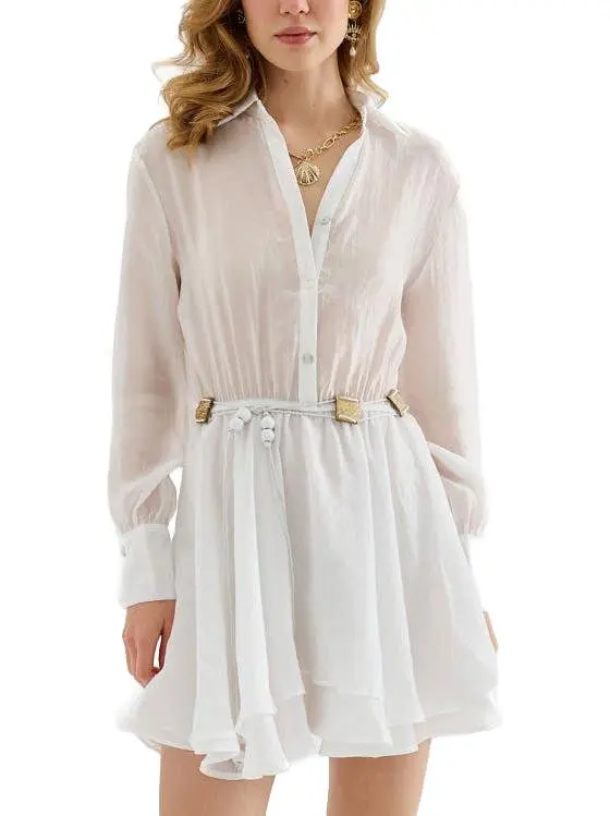 MONLICIA Alora Tencel™ Button-front Pleated Mini Shirt Dress - White