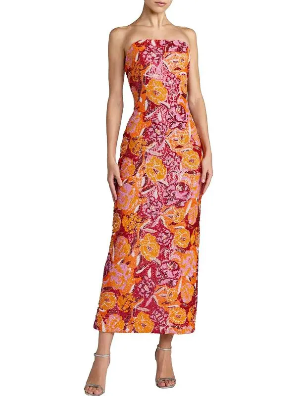 Mac Duggal Strapless Floral Sequin Midi Dress - Tangerine Multi