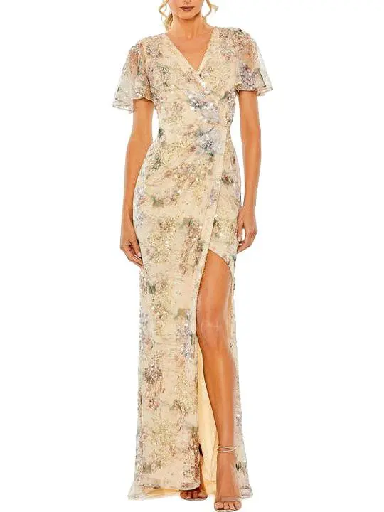 Mac Duggal Embellished Butterfly Sleeve Faux Wrap Gown - Champagne