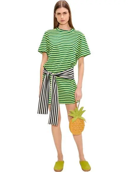 SIMONMILLER Lottie T-shirt Dress With Tie Waist - Lime Stripe Combo