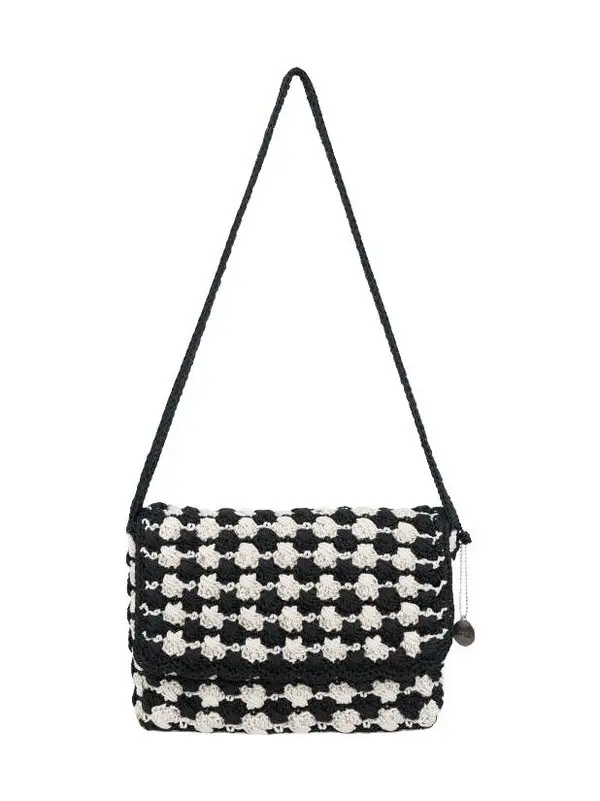 THE SAK Marlow Crochet Flap Shoulder Bag With Embroidered Fish Detail - Black Ecru Shell