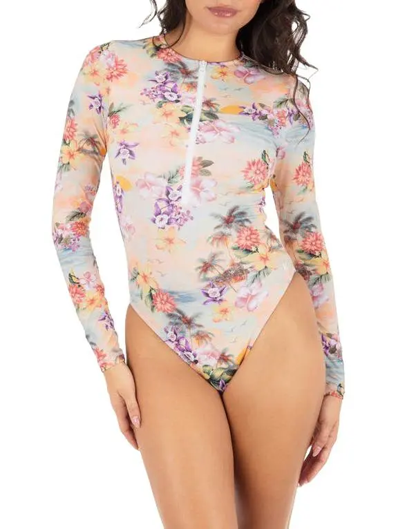Hurley Long Sleeve Zip One-piece Swimsuit - Shell Pink Multi