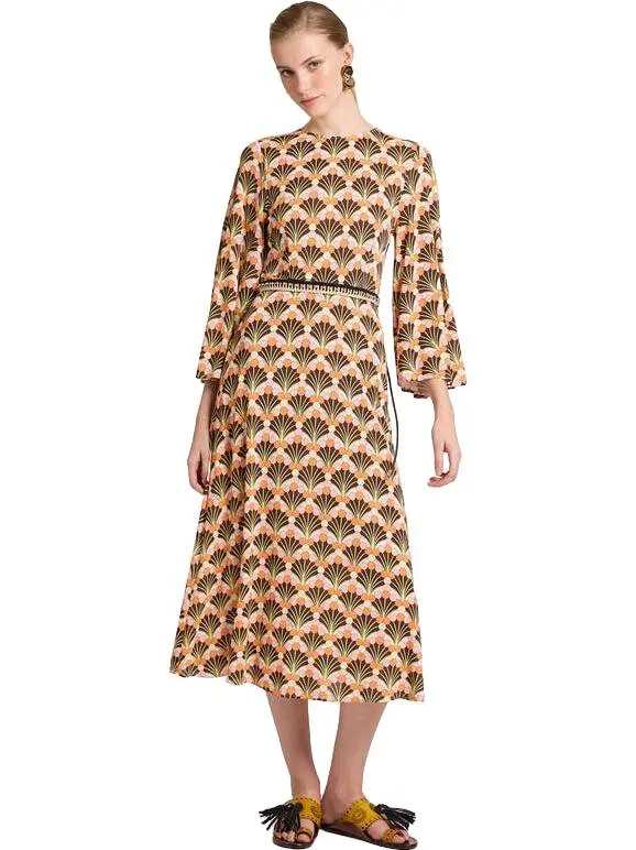 La DoubleJ Sorella" Printed Viscose Blend Bell Sleeve Dress - Florette Fan Brown