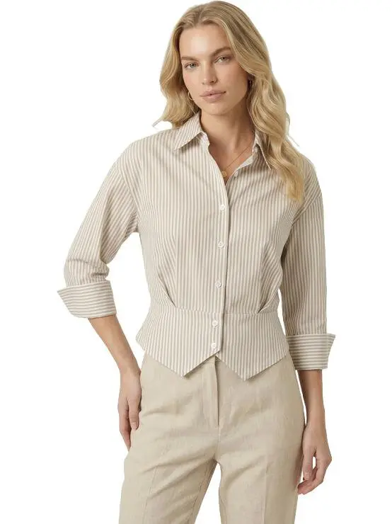 MODENAIRE Striped Button-down Tailored Waist Shirt - Beige/white Stripe