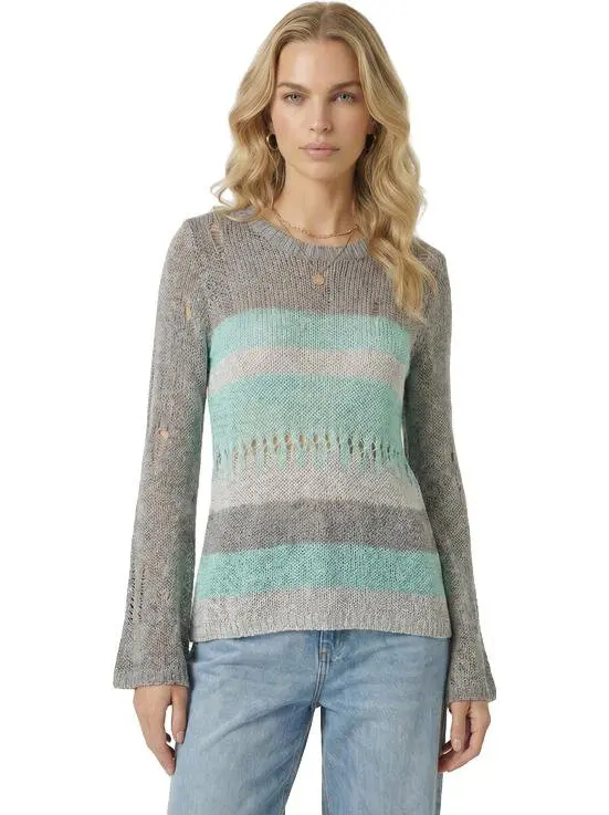 MODENAIRE Distressed Stripe Knit Sweater With Flared Sleeves - Gray