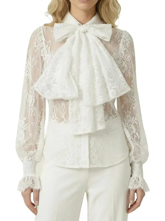 MODENAIRE Sheer Lace Blouse With Oversized Bow Tie Neck - White