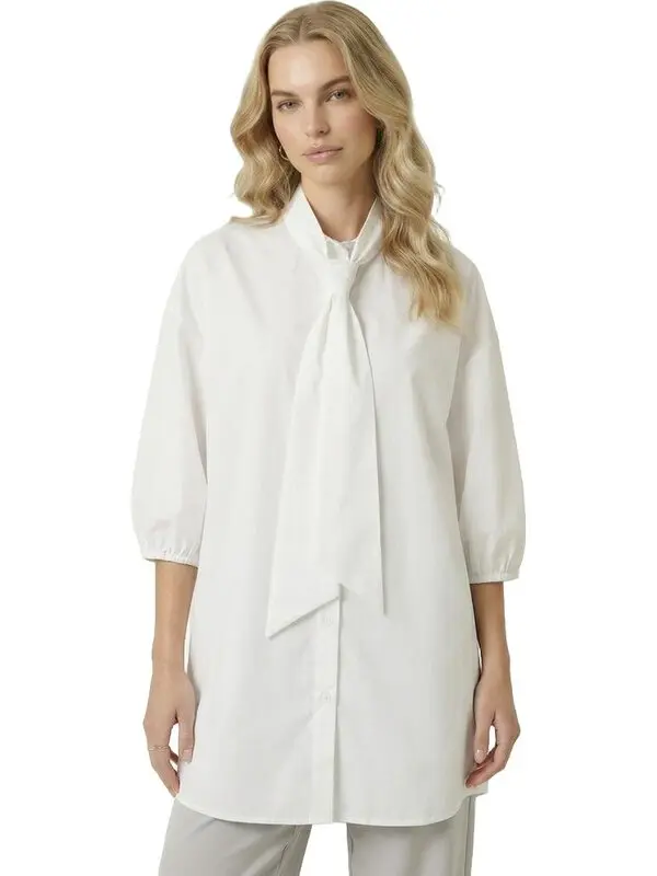 MODENAIRE Tie Neck Button Front Tunic Shirt - White