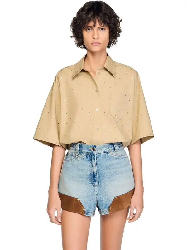 Sandro Embellished Cotton Shirt - Beige