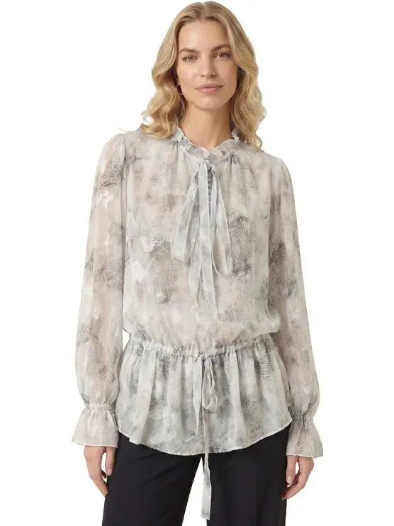 MODENAIRE Sheer Printed Ruffle Neck Blouse - White