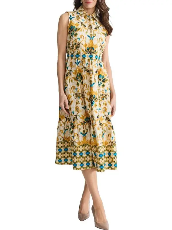 KASPER Sleeveless Border Print Midi Shirtdress - Butterscotch Multi