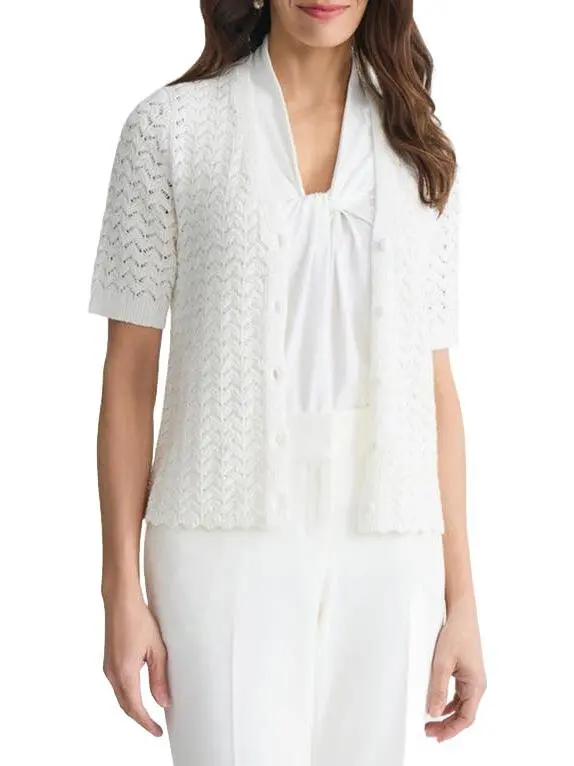 KASPER Textured Stitch Short Sleeve Cardigan - Vanilla Ice