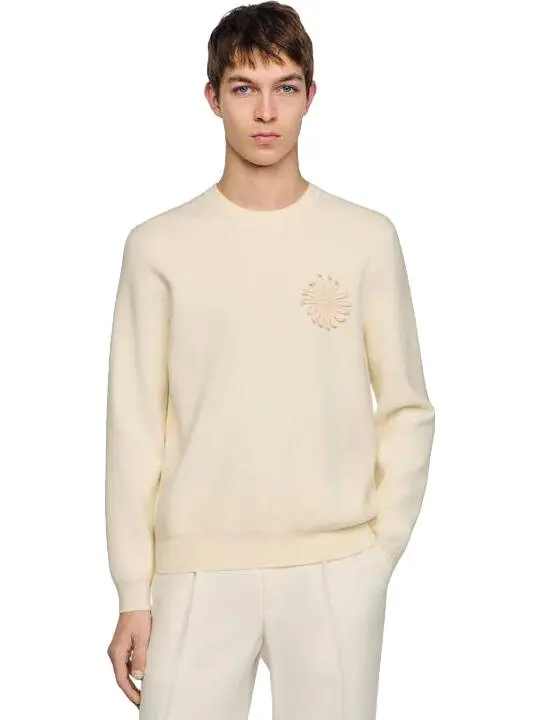 Sandro Knit Sweatshirt With Crochet Flower Detail - Ecru