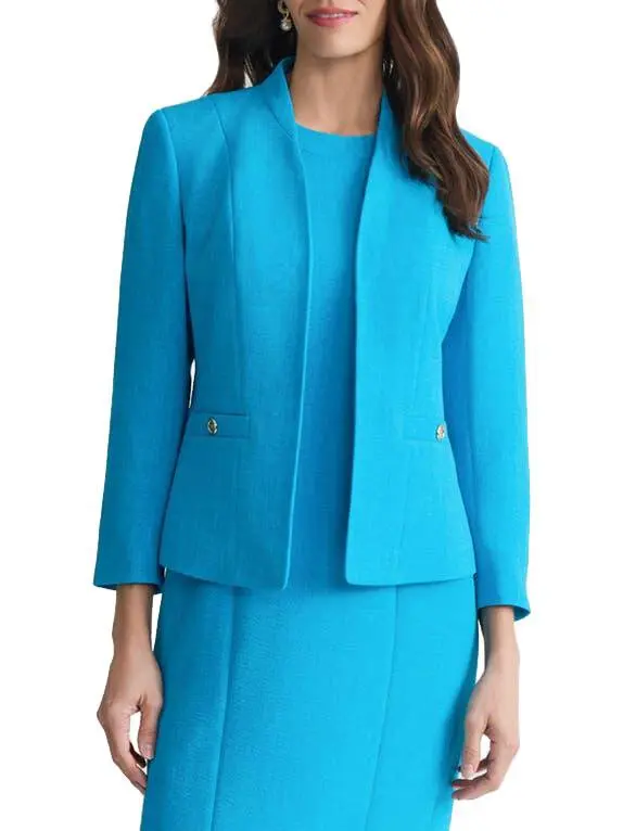 KASPER Pebbled Crepe Seamed Collarless Cardigan - Bright Azul