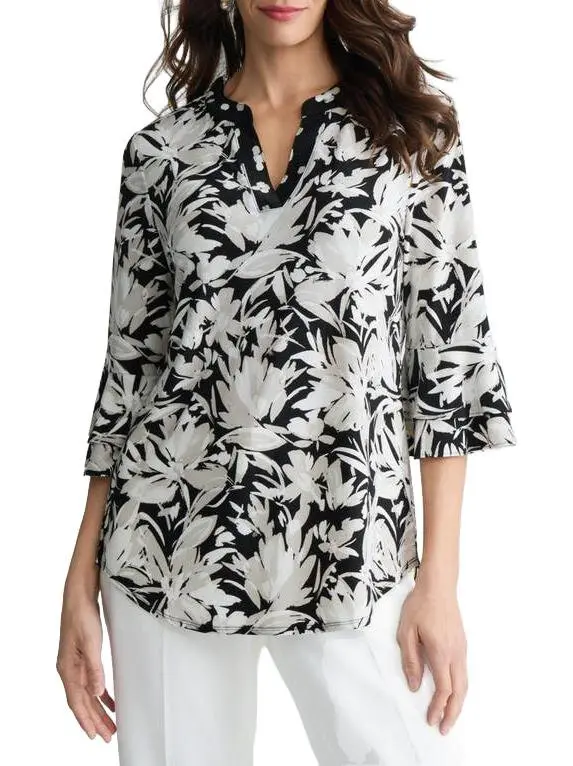 KASPER Floral Print Three-quarter Sleeve Knit Top - Black/white