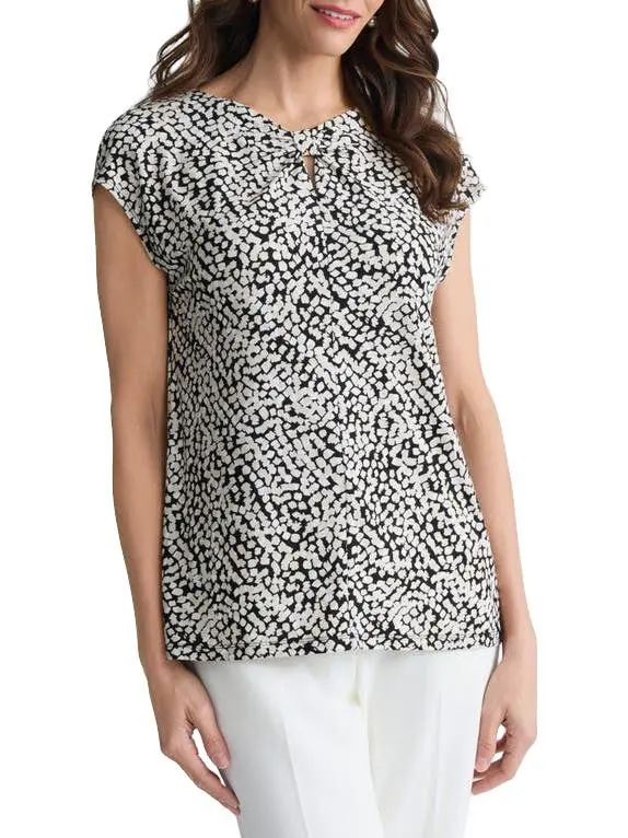 KASPER Dot Print Scrunch Neck Knit Top - Black Multi