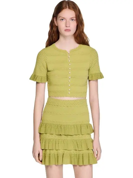 Sandro Cropped Ruffled-sleeve Cardigan - Green