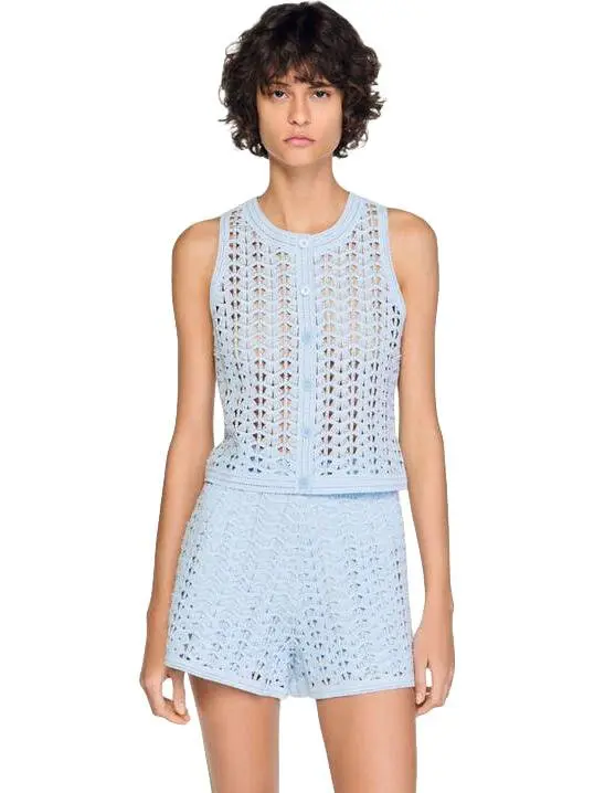 Sandro Beaded Crochet Cardigan - Sky Blue