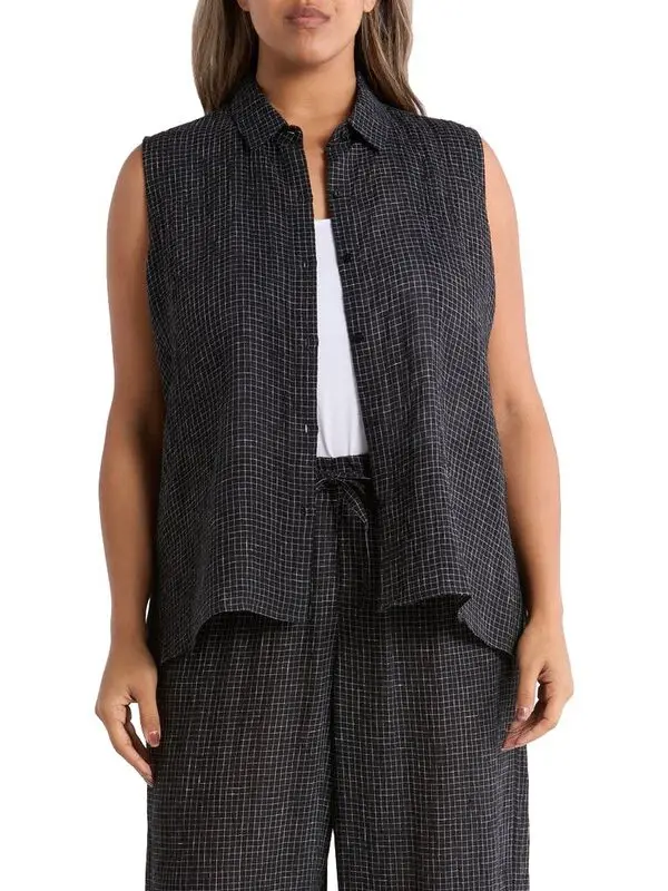 Eileen Fisher Sleeveless Grid Button-up Shirt - Black/white
