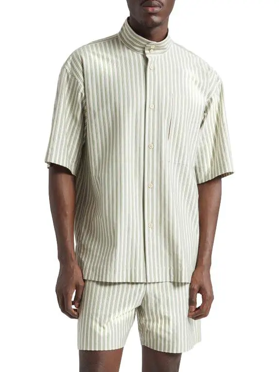 Issey Miyake Stripe Short Sleeve Stand Collar Cotton Button-up Shirt - Green