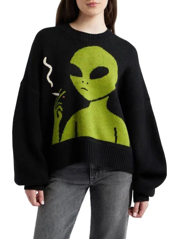 DRESSED IN LALA Keep Lalaland Weird" Oversize Sweater - Black With Green Alien