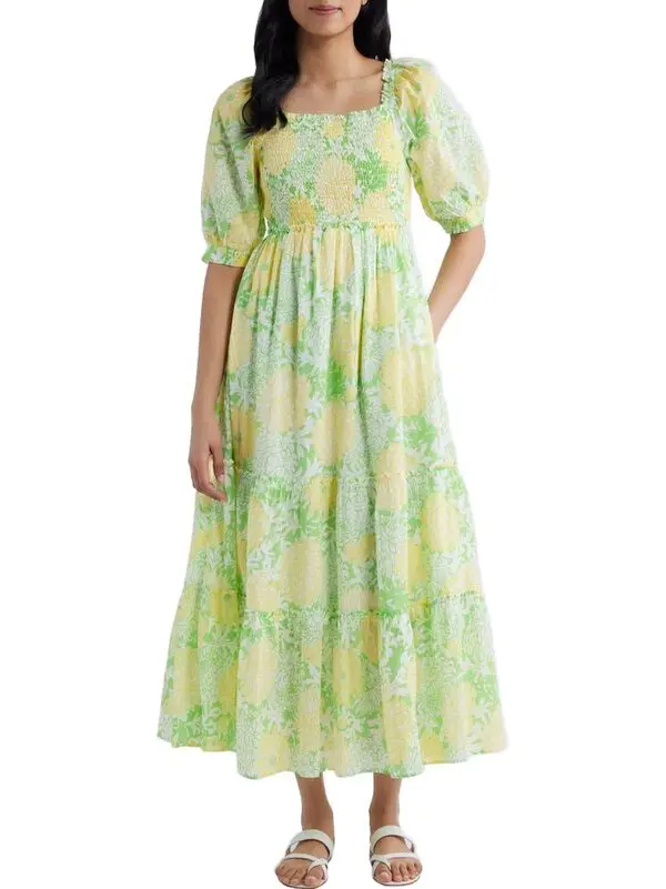 Lilly Pulitzer® Hadly Floral Print Smocked Tiered Midi Dress - Crocodile Green Mumbo Jumbo