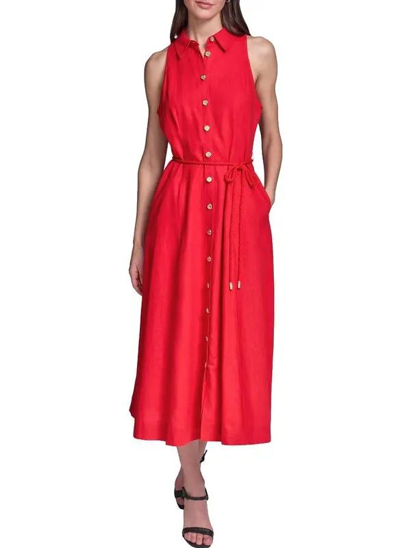 Karl Lagerfeld Sleeveless Linen-blend Shirtdress With Rope Belt - Tomato